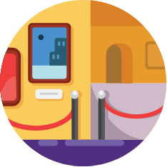 Animation drawing of a museum scene. There are paintings hung on a wall ...